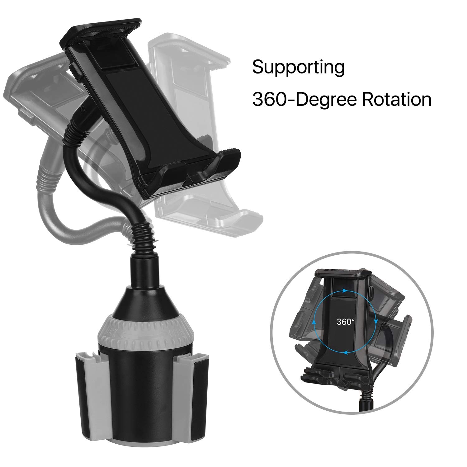 MiaodaM 360° Swivel Cup Holder Phone Mount Universal Adjustable Gooseneck Cup Holder Cradle Car Mount for Cell Phone iPhone 11/11 Pro/XR/XS/XS Max/iPad/iPod Electronics Devices from 4.7'' to 10.5''