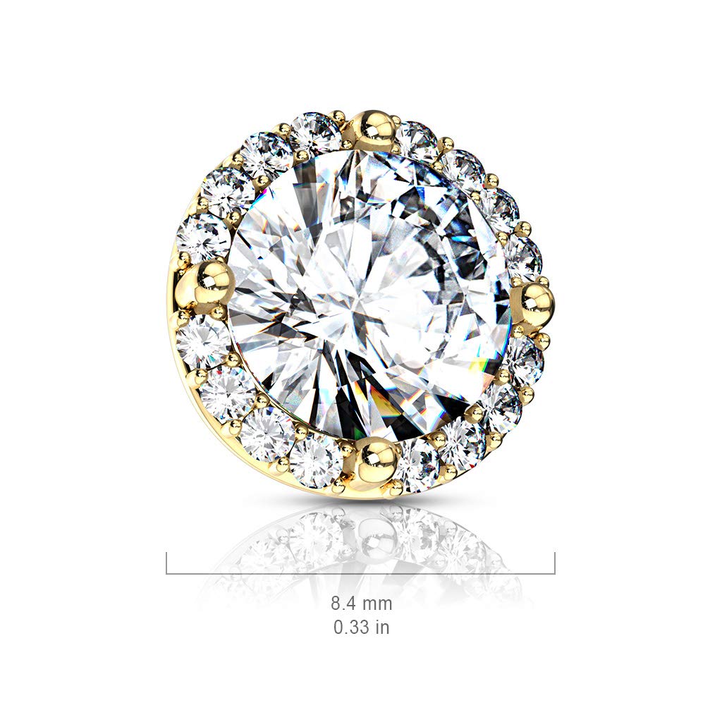 MoBody 14G Round Prong Set CZ Center with CZ Edges Around Internally Threaded Dermal Anchor Body Piercing Top (Rose Gold-tone/Clear)