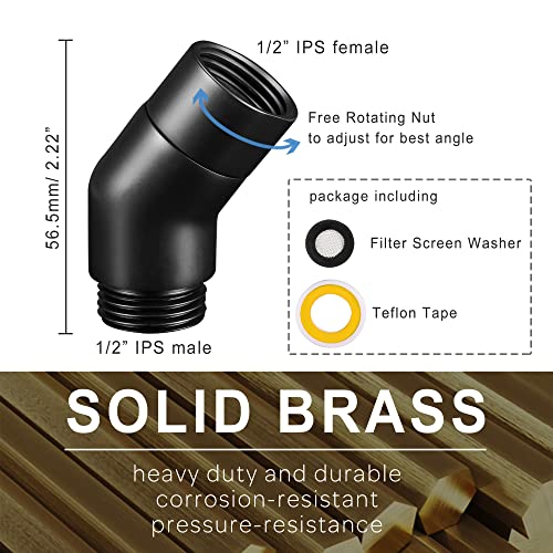 Solid Brass Shower Elbow Adapter for Shower Head, 45 Degree Hand Shower Elbow, Shower Arm Connection Elbow Shower Head Extender Connector Coupler G1/2 Female to Male, Matte Black