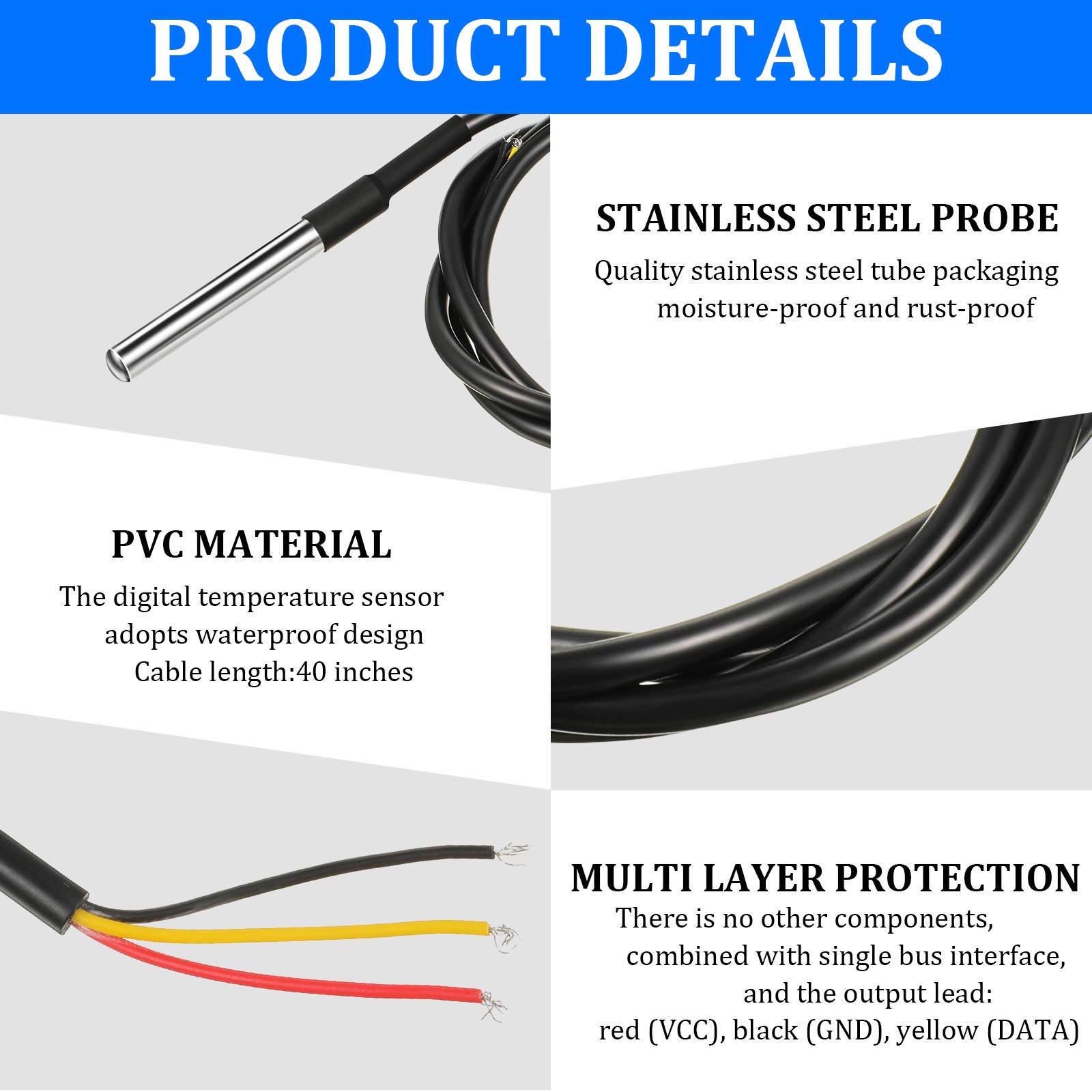 Weewooday DS18B20 1 m/ 3.2 Ft Digital Temperature Thermal Cable Waterproof Probe Sensor -55°C to +125°C, Compatible with Arduino/Raspberry Pi(15 Pieces)