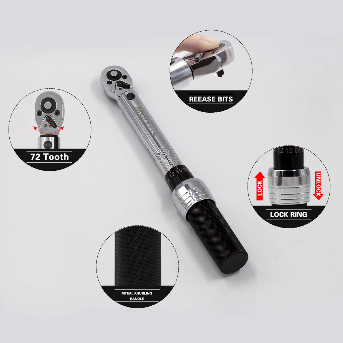 MXITA 1/4 Inch Drive Click Bike Torque Wrench Set (1-25 Nm/ 9-221 in.-lb.) with 3/8 Adapter 18 Pcs,Small Adjustable Allen Key Tool Socket Kit for Road & Mountain Bikes