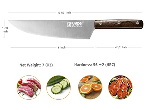 UMOGI Premium 8 Inch Chef’s Knife with sheath - German High Carbon Stainless Steel - Full Tang Natural Wooden Handle Ergonomic Grip,Ultra Sharp - Best for Slicing Meats Roasts Vegetable & Fruits
