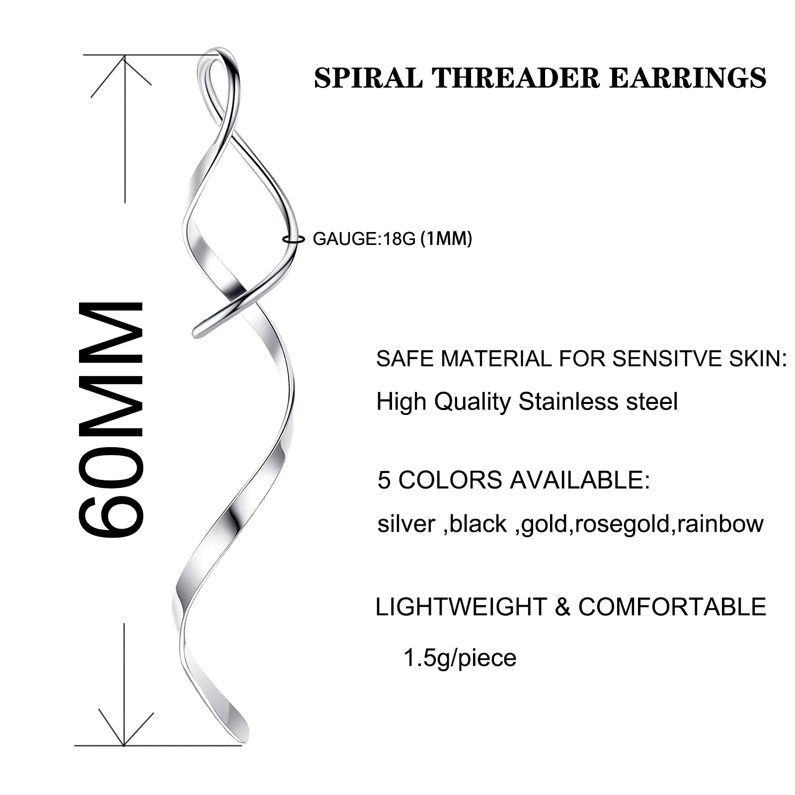 Spiral Threader Earrings for Women, Stainless Steel Drop Dangle Handmade Twisted Linear Curved Dangling Minimal Earrings (Silver)