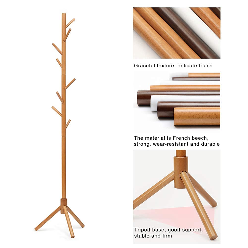 Ollorata High-Grade Wooden Tree Coat Rack Stand, 8 Hooks and 3 Adjustable Heights Entryway Coat Tree Coat Hanger Stand for Home Office, Easy Assembly Coat Rack Freestanding, Bold Natural