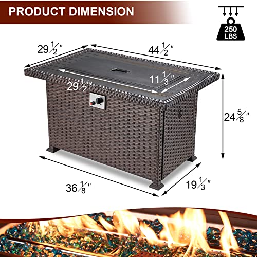 Vicluke 44in Porpane Fire Pit Table, Gas Fire Table for Outside with CSA Certification, 50,000 BTU Auto-Ignition Aluminum Propane Fire Pit with Lid, Cover, Glass Beads(Brown)