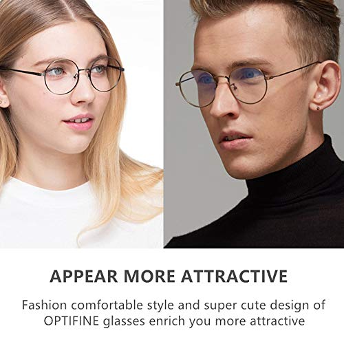 Optifine Blue Light Blocking Glasses Women Men Round Computer Reading Metal Eyeglasses Frame (0 Non Prescription, A. Black Gold)
