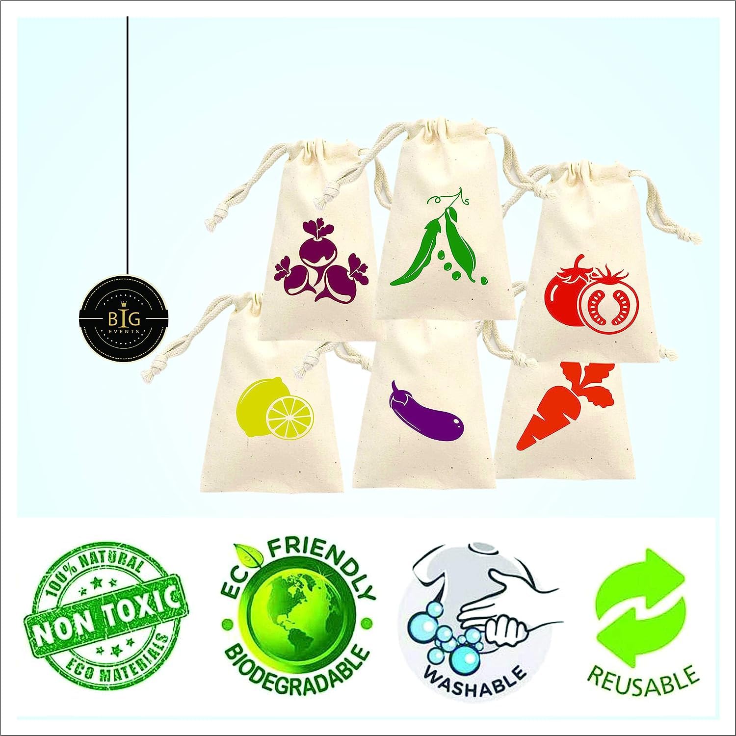 Mayatra's 100% Reusable Produce Cotton Bags - Washable Organic Vegetable Bags - Eco Friendly, Biodegradable Cloth Bag with Drawstring - (10 * 12 Inches Size) (Pack Of 6)