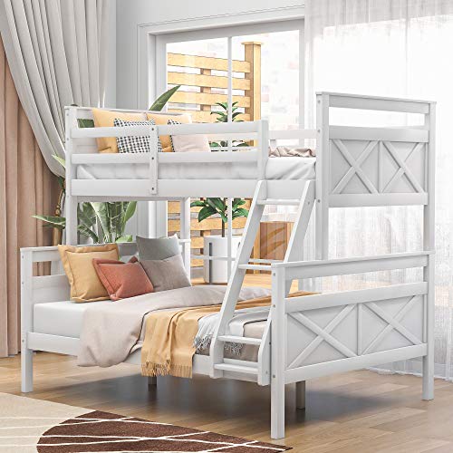 MOEO Twin over Full Wood Bunk Bed with Ladder, Convertible to 2 Separated Bedframe for Kids, Teens, Adults, Bedroom, No Box Spring Needed, White
