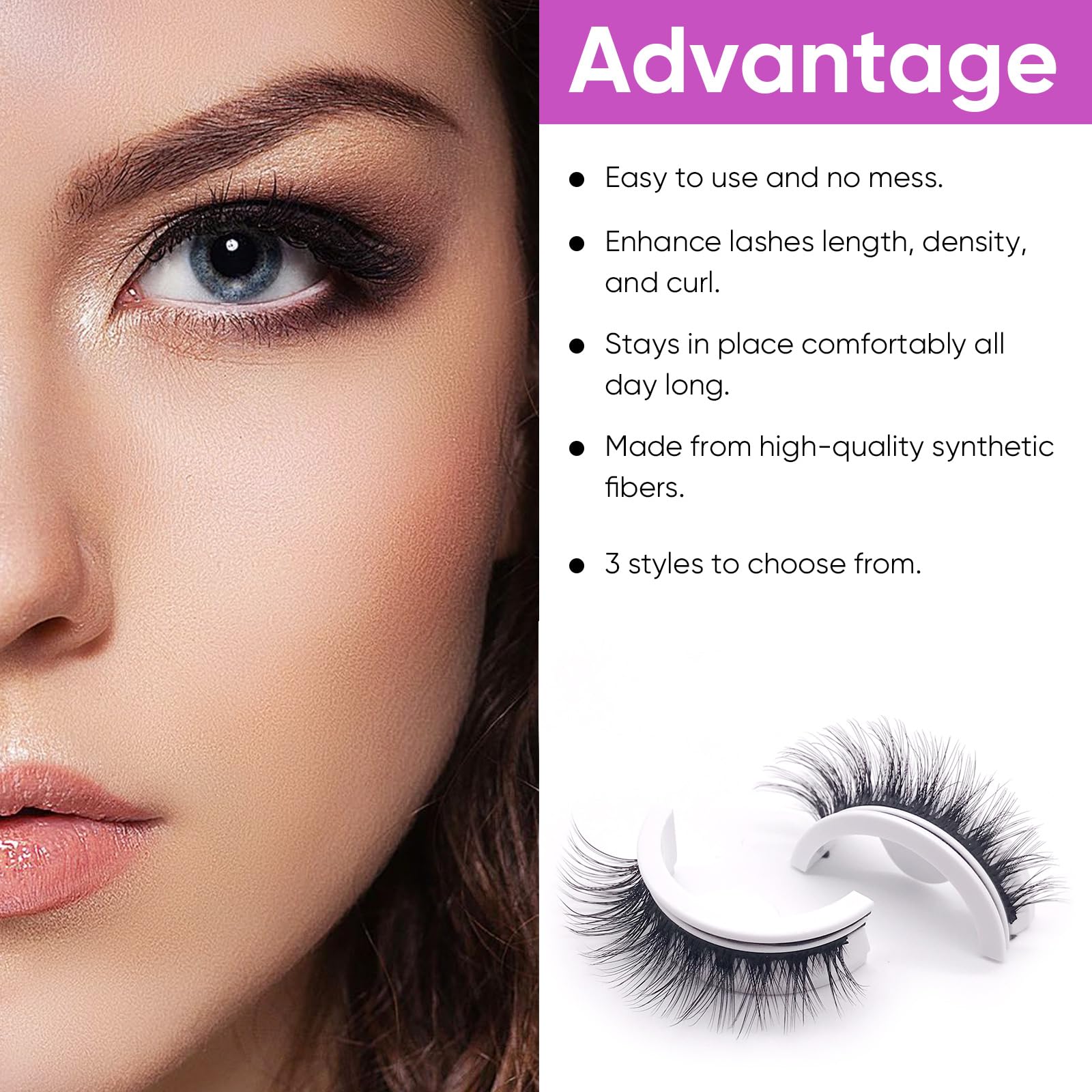 Parrots Treasure Self Adhesive Eyelashes, Reusable False Eyelashes without Eyeliner or Glue, Non-Slip Waterproof Fake Eyelashes Natural Look (Purple)