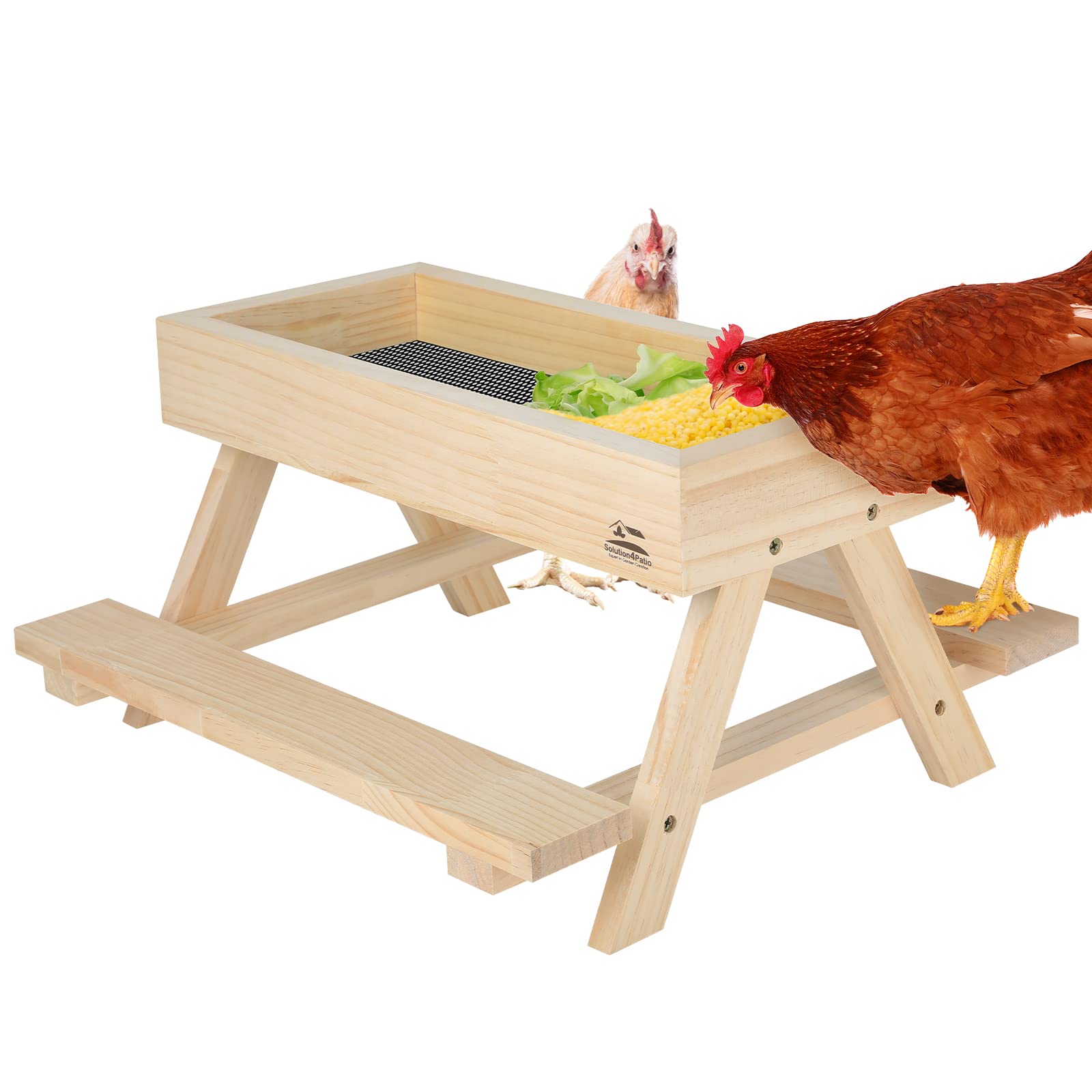 Solution4Patio Chickenic Table Handmade Wooden Picnic Table Chicken Feeder, Duck Feeder, Mesh Bottom, Easy to Clean and Fill, 15.7" W x 14.9" D x 8.6" H, Functional and Funny, Garden Gift, B807A00