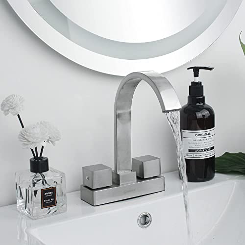 SOLVEX Waterfall Bathroom Faucet 2 Handle,4 Inch Centerset Bathroom Sink Faucet,3 Hole Bathroom Faucet Brushed Nickel,Bathroom Basin Faucet with Deck Mounted Square Handle,SP-40060-2