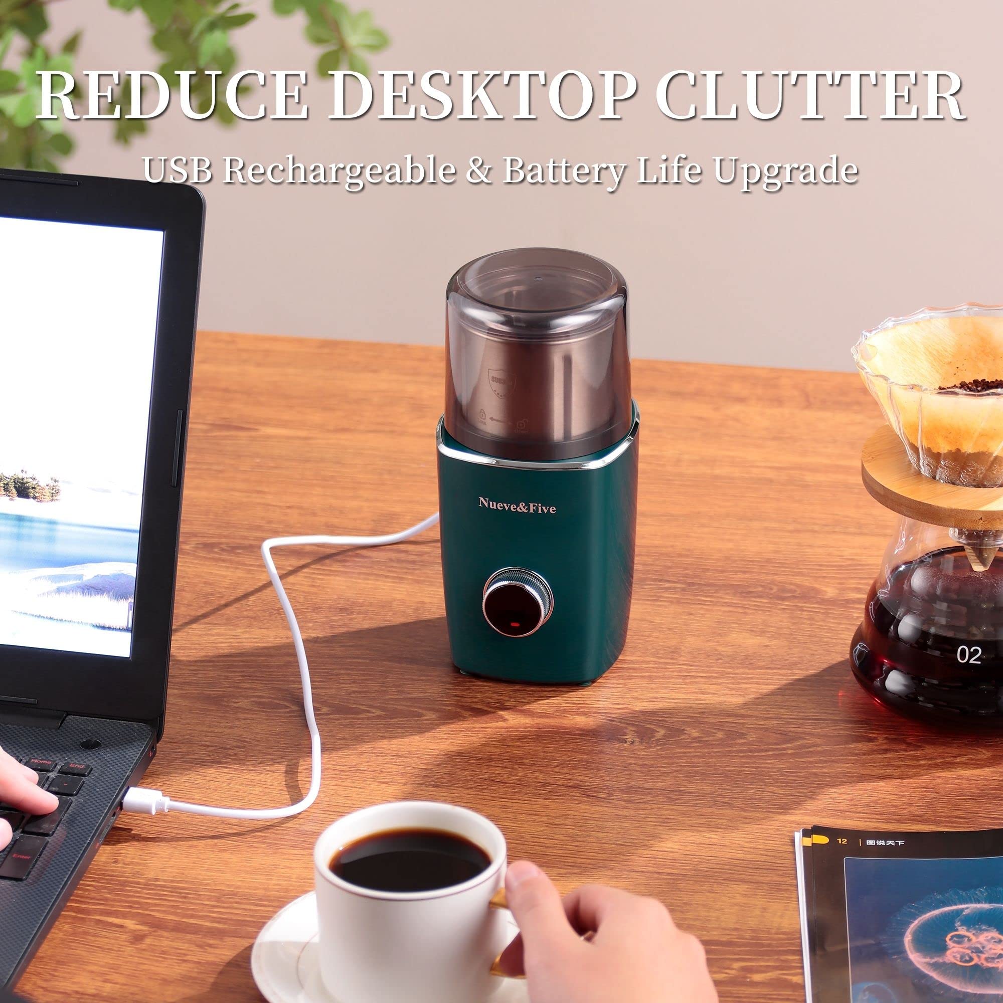 Nueve&Five Adjustable Coffee Grinder Electric, Cordless Coffee Grinder Espresso, Electric Coffee Grinder With Timing Setting, Coffee Bean Grinder Electric With Removable Stainless Steel Bowl (GREEN)