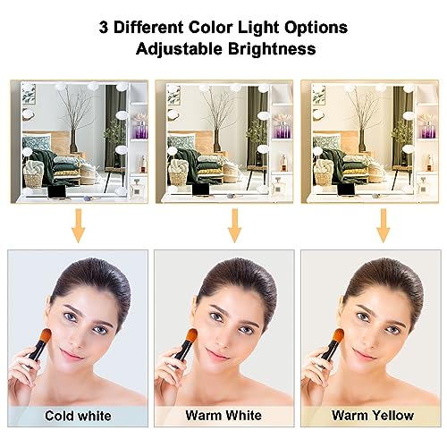 Large Vanity Desk Set with Sliding Mirror and 10 LED Bulbs, 3 Lighting Modes Makeup Table with 5 Drawers, 6 Shelves and Cabinets, White Dressing Table for Bedroom