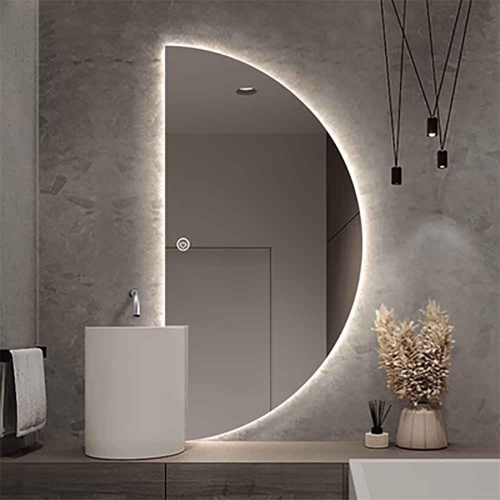 NURCIX Half Moon LED Mirror with 3 Colors Dimming Light Anti-Fog Bathroom Mirror for Wall Tempered Glass Decorative Mirror for Bedroom Vanity (Color : Left Cut, Size : 80 * 40CM/32 * 16IN)