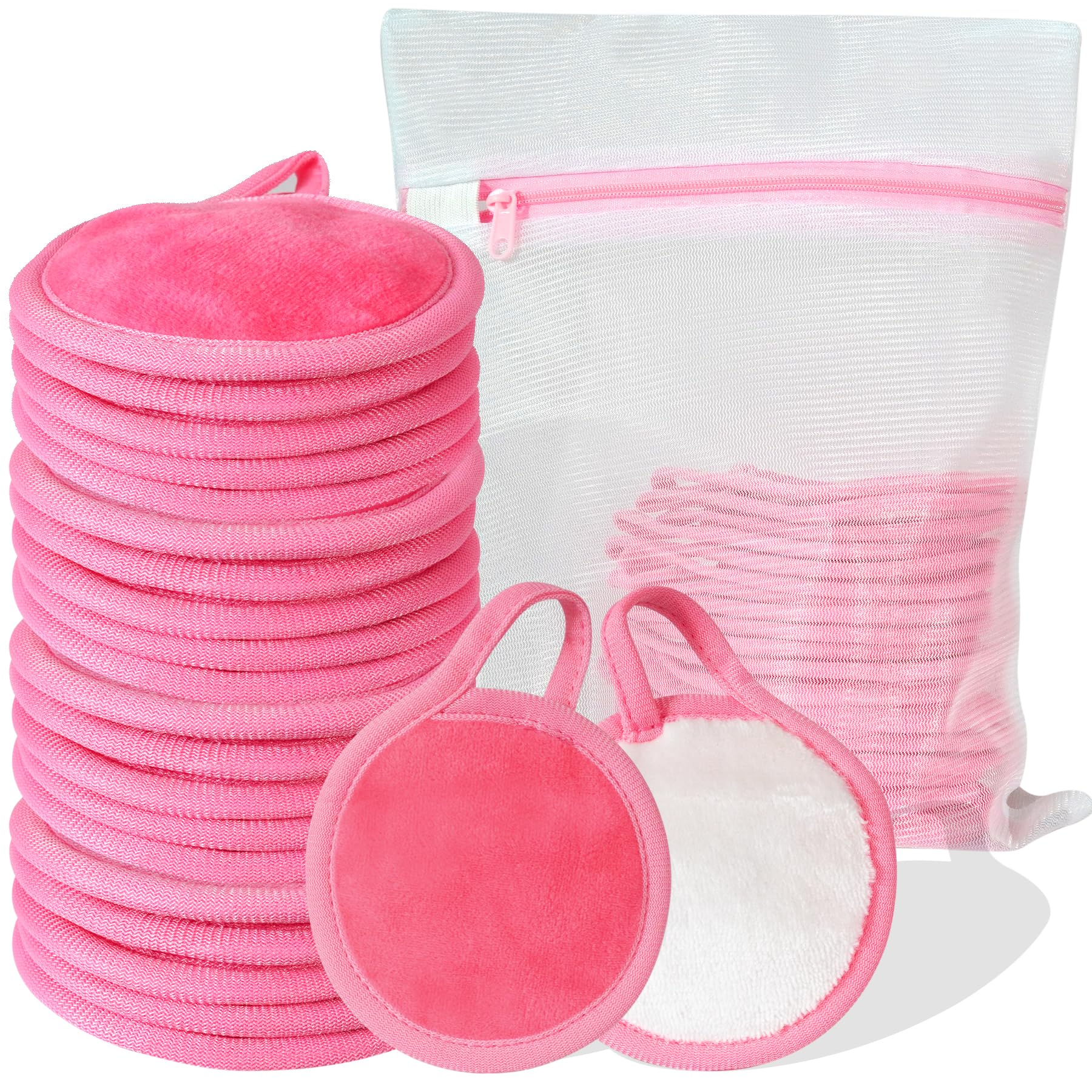 Nugilla 20 Packs Reusable Makeup Remover Pads with a Washable Laundry Bag, Microfiber Towel Clean Skin Face Towels, Soft Makeup Remover Cloth, Fast Drying Washcloth (Pink/White)
