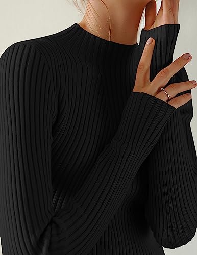 ZESICA Women's 2023 Fall Long Sleeve Turtleneck T Shirts Ribbed Knit Sweater Slim Fit Basic Casual Tee Tops,Black,Large