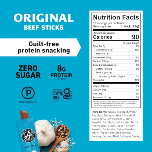 Original Jerky Beef Sticks by Country Archer, 100% Grass-Fed Beef, Gluten Free, High Protein Snacks, 1 Ounce, 18 Count