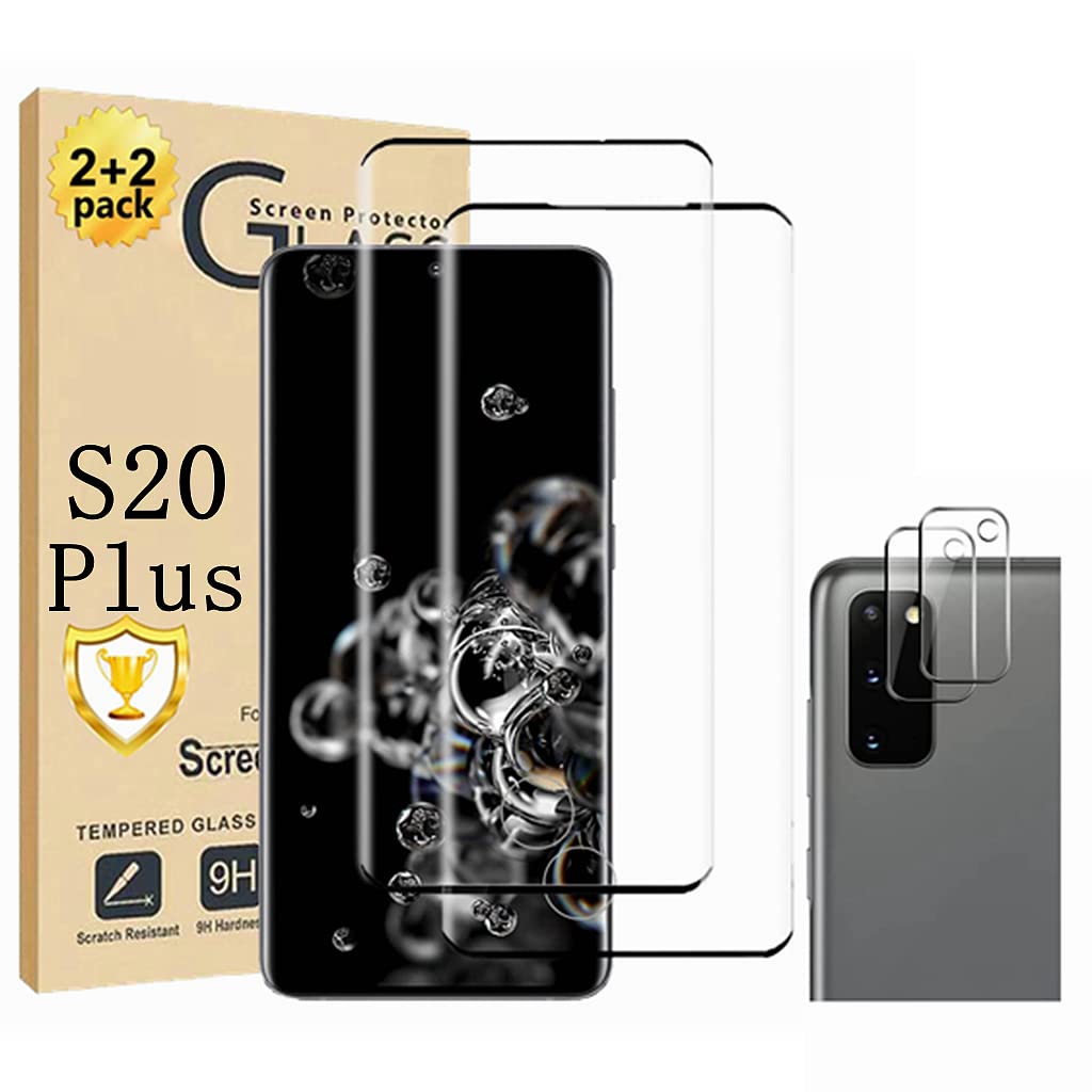 Micger Galaxy S20 Plus Screen Protector, 2 Pack Screen Protector【2+2 Pack】2 Pack Camera Lens Protector, Compatible Fingerprint, Easy Installation, 3D Glass 9H Hardness Tempered Glass Screen Protector