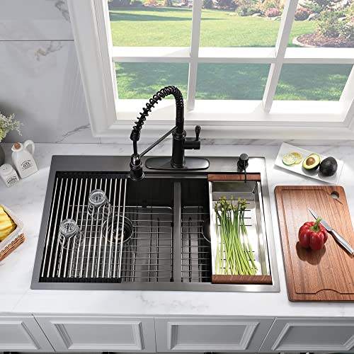 SOMRXO 28 Black Stainless Steel Kitchen Sink Double Bowl 28x22 Drop In Kitchen Sink Workstation Ledge 16 Gauge Gunmetal Black Kitchen Sink Topmount 10" Deep 40/60 Low-Divide Double Bowl Kitchen Sinks