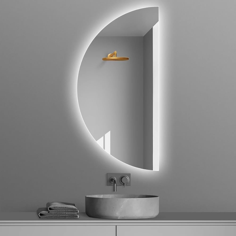 NURCIX LED Bathroom Mirror Wall-Mounted Vanity Mirror, Dimmable with Anti-Fog Half Moon Backlit Wall Mirror, 3 Color Dimmable Touch Control Mirror (Color : Right Cut, Size : 50 * 100CM/40 * 20IN)