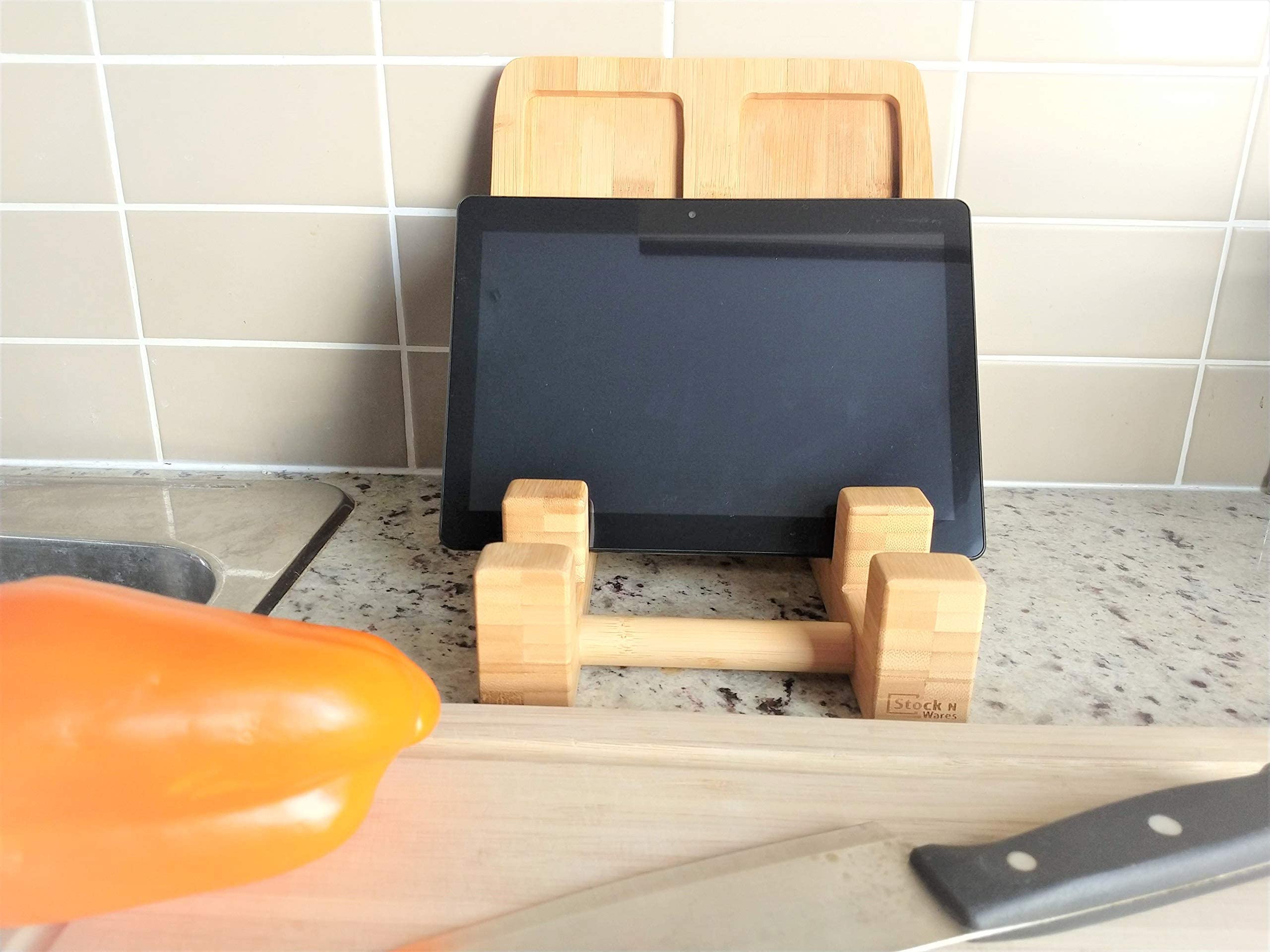 Stock N Wares Bamboo Cutting Board Holder, Pot Lid Holder, Cook Book Stand, Tablet Holder for Kitchen, Stylish Low Profile, 10.38" Lx7 Wx2.5 H(26.35cmx17.78cmx6.35cm)