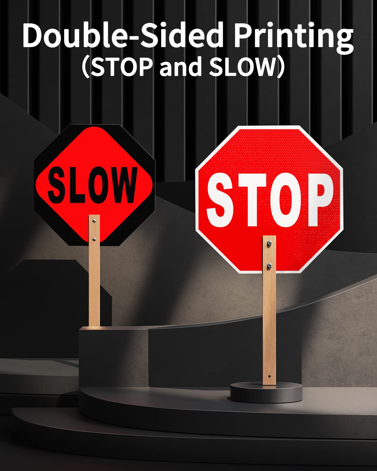 Stop Slow Sign, Double Sided Street Slow Warning Reflective Signs, 13x13in Octagon Rust Free Aluminum, with Bamboo Handle, UV Protected and Waterproof, Weather Resistant, Durable Ink, Easy to Mount