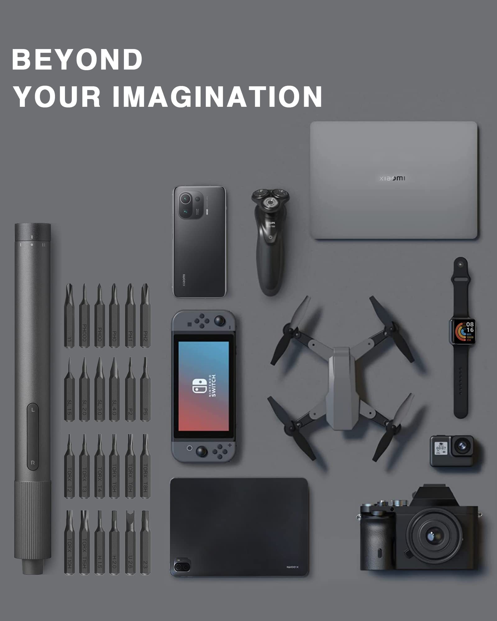 Xiaomi Electric Precision Screwdriver, All-metal Gearbox, Powerful Magnetic Motor, Rechargeable Lithium Battery, S2 Steel Screwdriving Bits, Type-C Charging, Aluminium Alloy Case, Grey