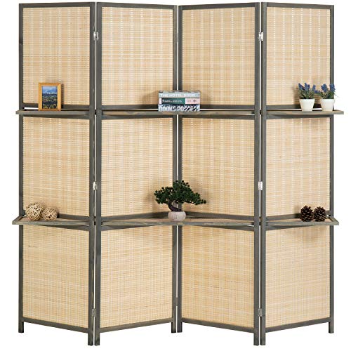 MyGift 4-Panel Deluxe Woven Bamboo Dark Gray Room Divider with Removable Storage Shelves, Living Room Bedroom Portable Partition Screen