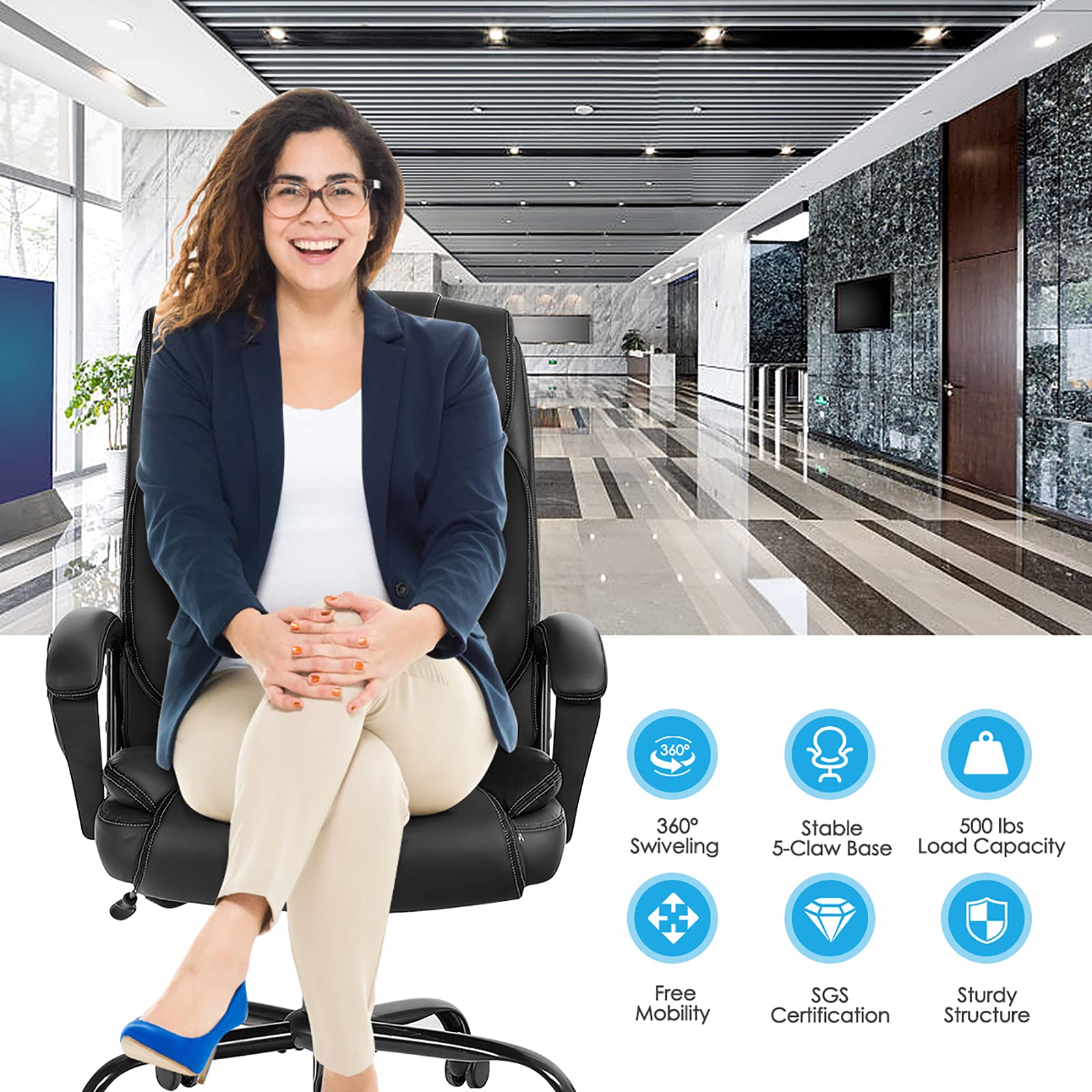 POWERSTONE Big and Tall Office Chair 500lbs PU Leather Ergonomic Massage Office Chairs Wide Seat High Back Adjustable Computer Chair Large Executive Chair Swivel Rolling Chair