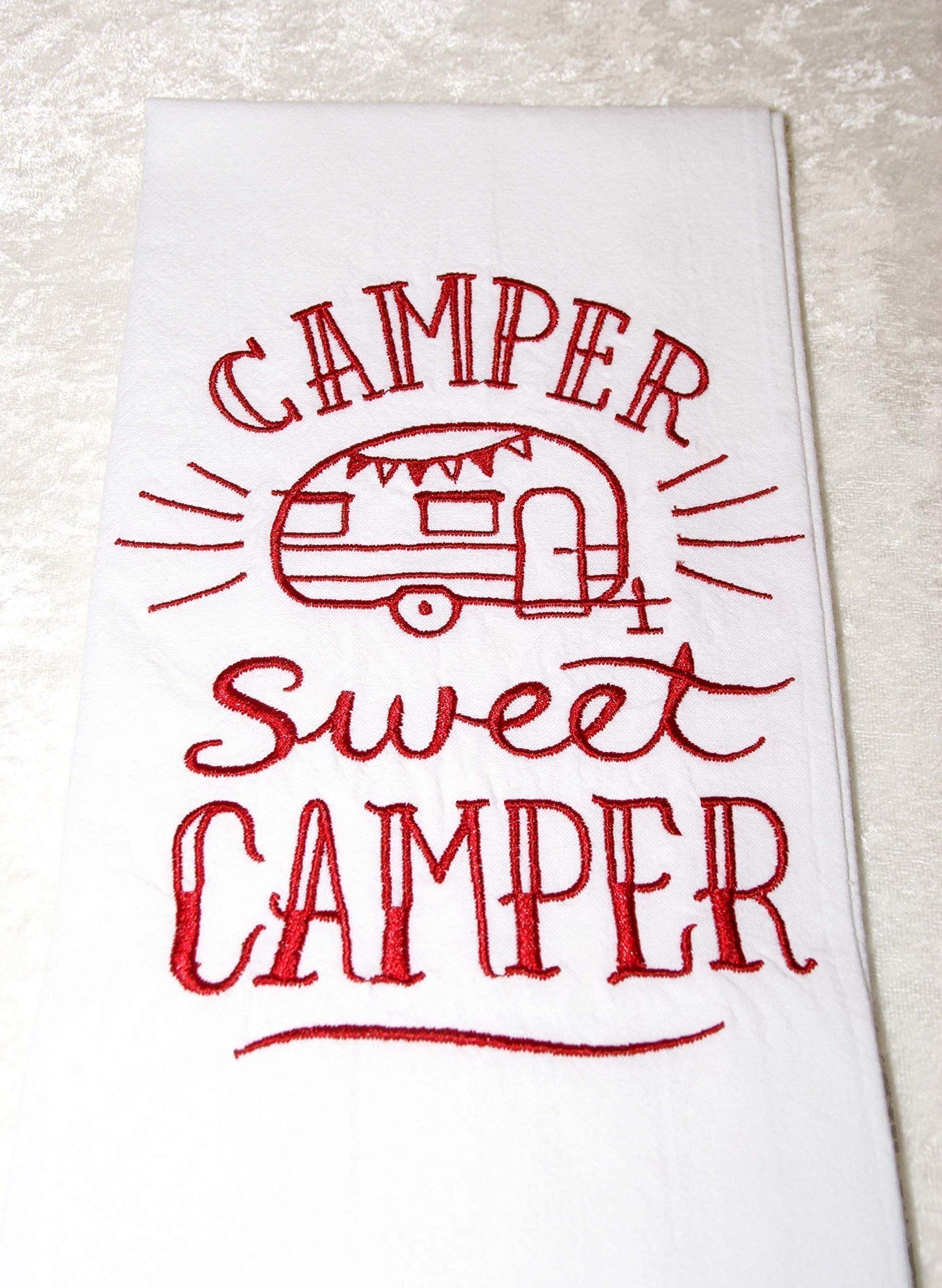 RV Camping Decor - Embroidered Flour Sack Towel - Red on White - Camper Sweet Camper - Handmade by Green Acorn Kitchen