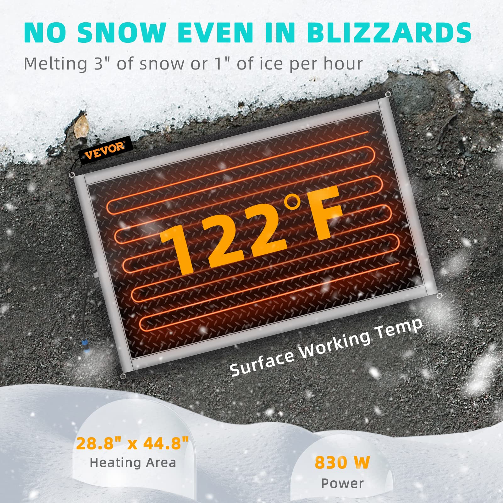 VEVOR Snow 30 x 48 inch, 3 in/h Melting Speed, Heated Outdoor Mats for Winter Entrances, No-Slip Rubber w/Plug, Power Cord, Outlet Timer, Reflective Strip, Velcro, Ground Stake, Black