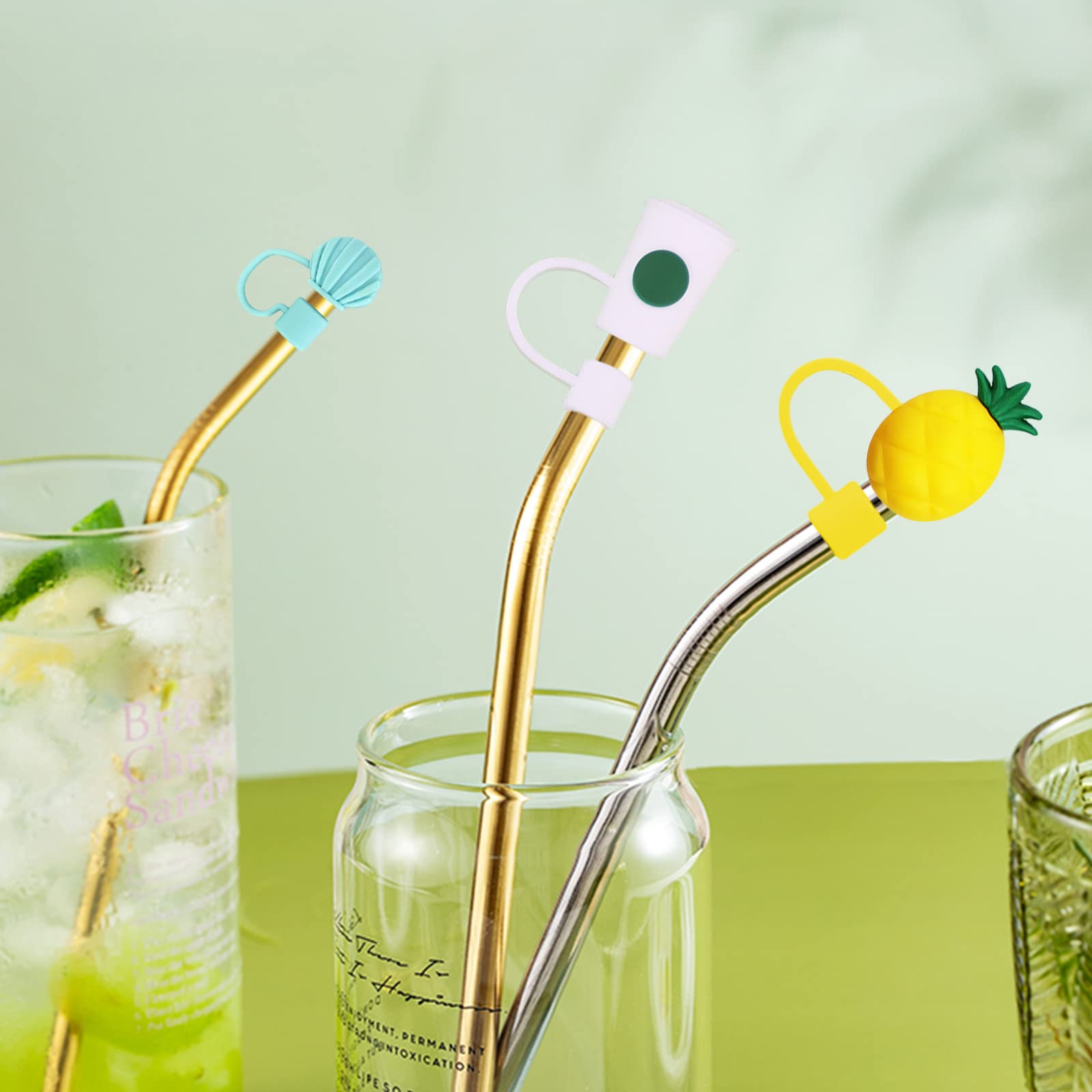 Straw Covers Cap,20PCS Straw Toppers for Tumblers,Reusable Animals Fruit Straw Tips Cover for Outdoor Home Kitchen Party Decor,Duck Dinosaur Sun Silicone Straw Cover