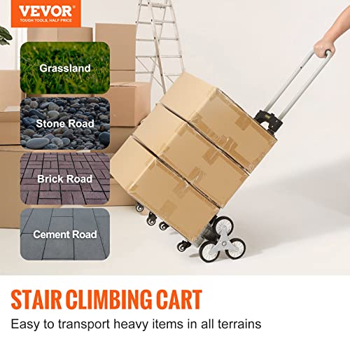 VEVOR Stair Climbing Cart, 220 lbs Load Capacity, Foldable Hand Truck with 32.3-45.7 inch Adjustable Handle Height, 4 Universal Wheels & 2 Elastic Ropes, Multipurpose Dolly for Warehouse Shopping