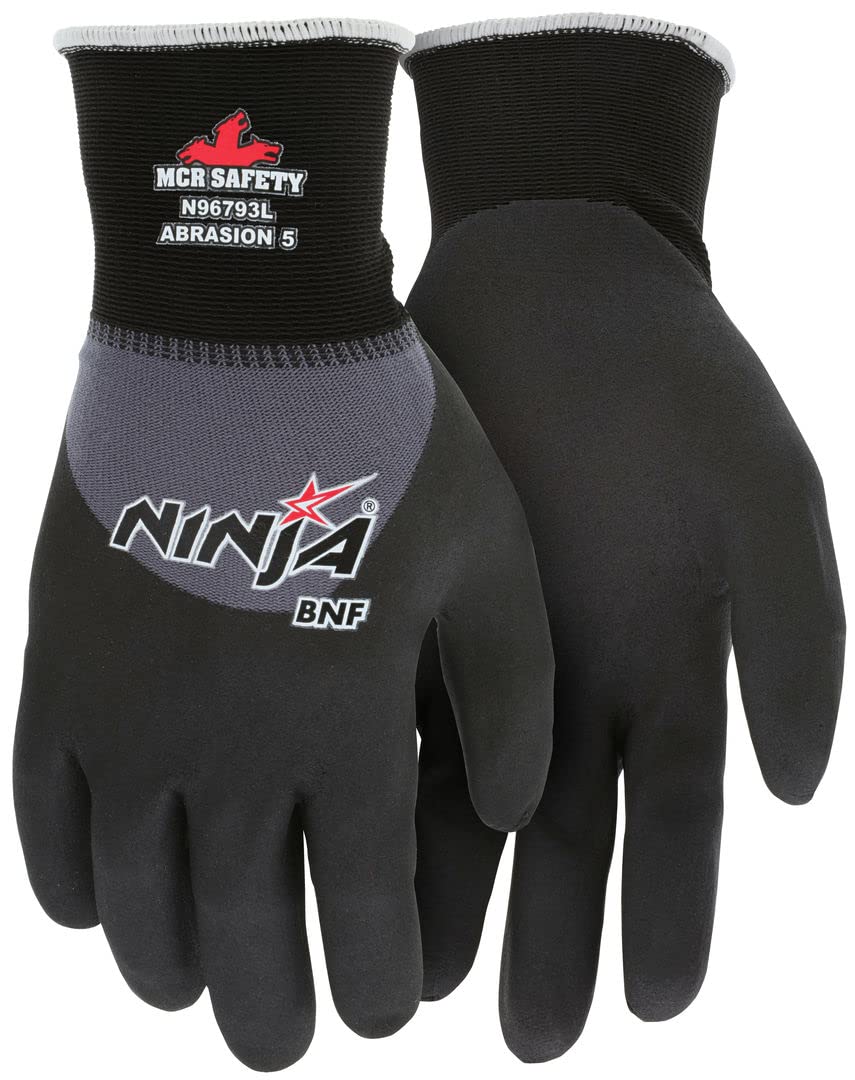 MCR Safety Gloves N96793L Ninja BNF Work Gloves 15 Gauge Nylon/Spandex Shell with NFT Coated Over the Knuckle Palm, Large,Black
