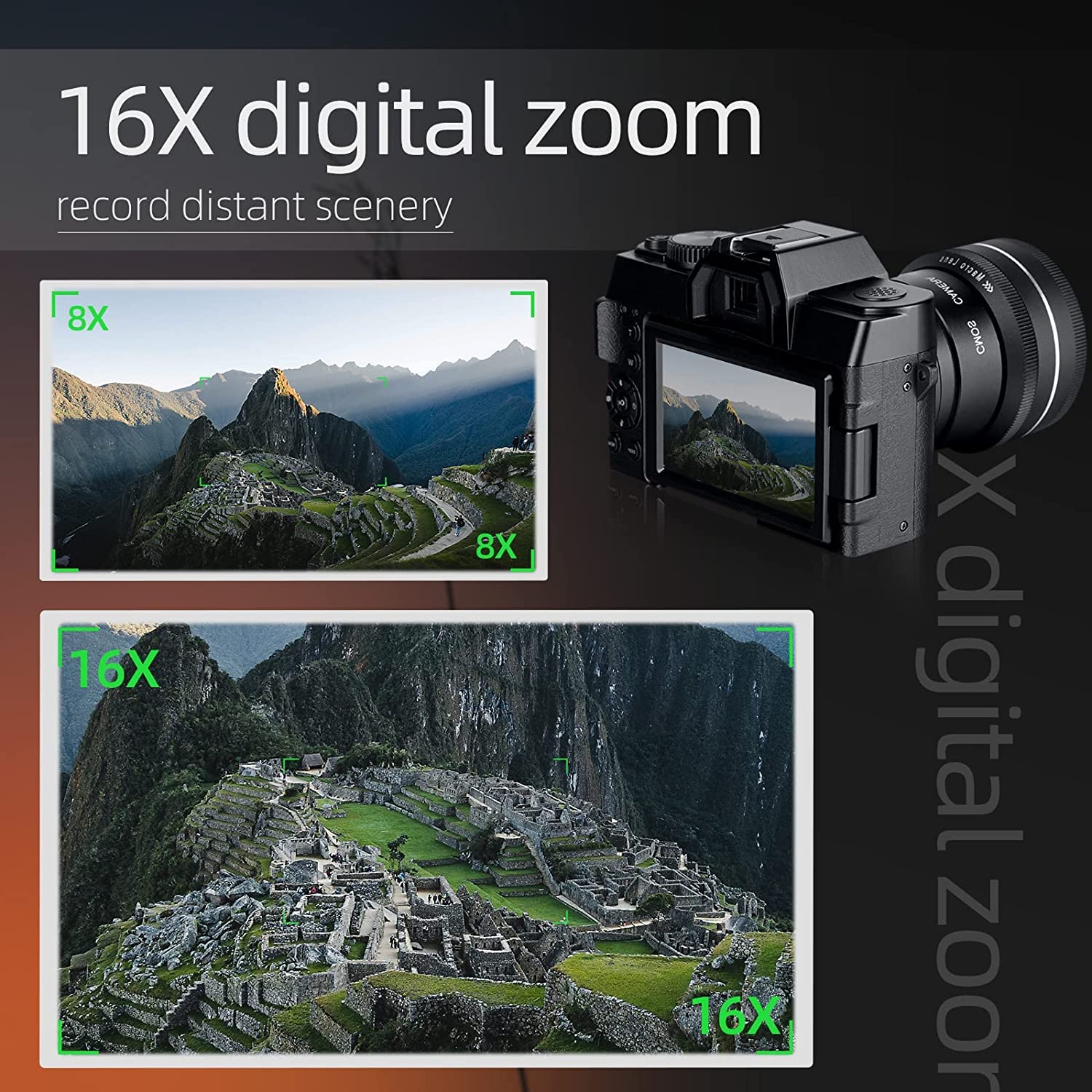 Monitech Digital Camera for Photography and Video,4K 48MP Vlogging Camera for YouTube with 180° Flip Screen,16X Digital Zoom,52mm Wide Angle & Macro Lens, 2 Batteries, 32GB TF Card