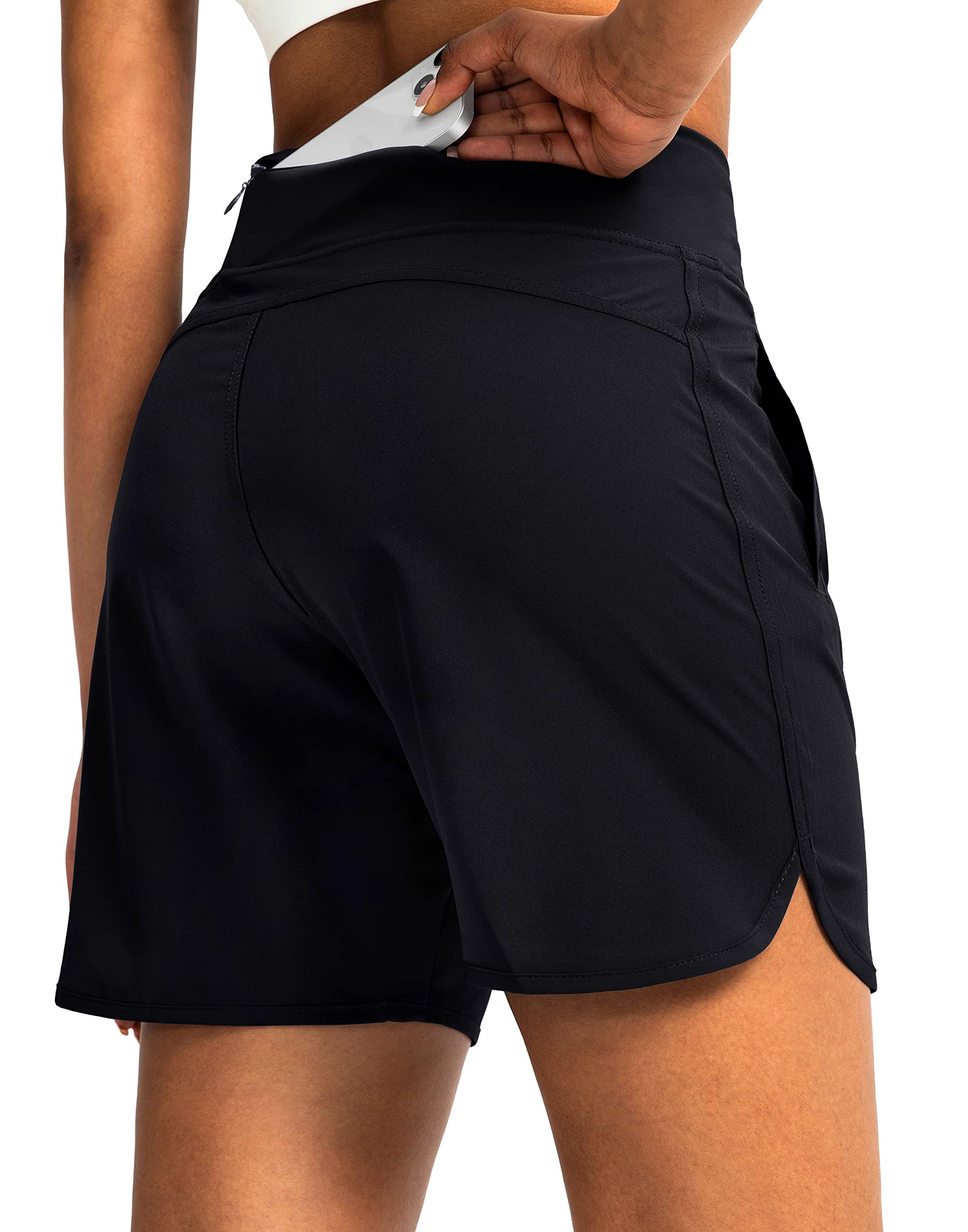 Soothfeel Women's Running Shorts with Zipper Pockets 7 Inch Long High Waisted Athletic Workout Gym Summer Shorts for Women (Black, Medium