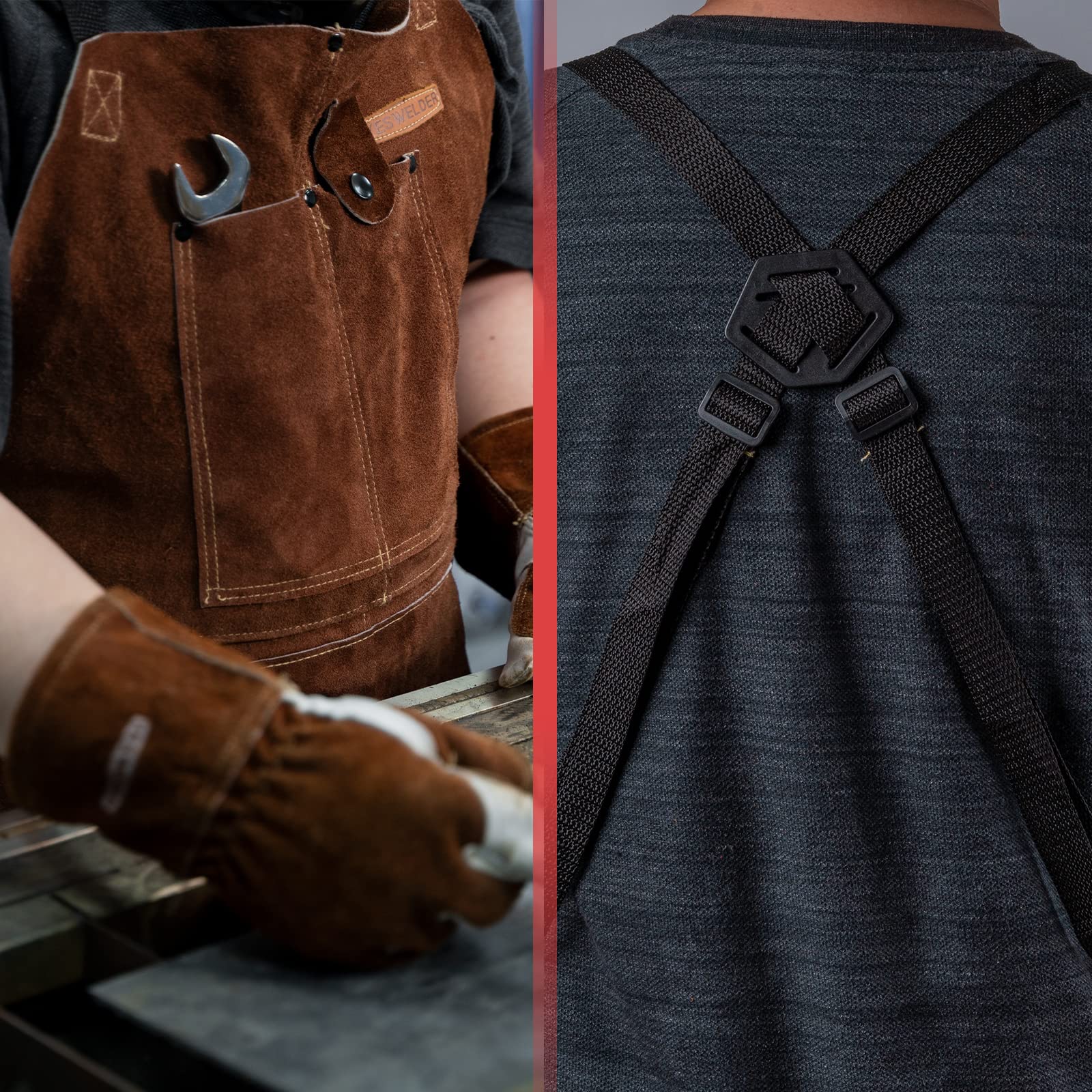 YESWELDER Leather Welding Work Shop Apron with 6 Pockets Heat Flame Resistant Cowhide Welder Apron Heavy Duty Blacksmith Aprons Adjustable for Welders Men Women Length 41"