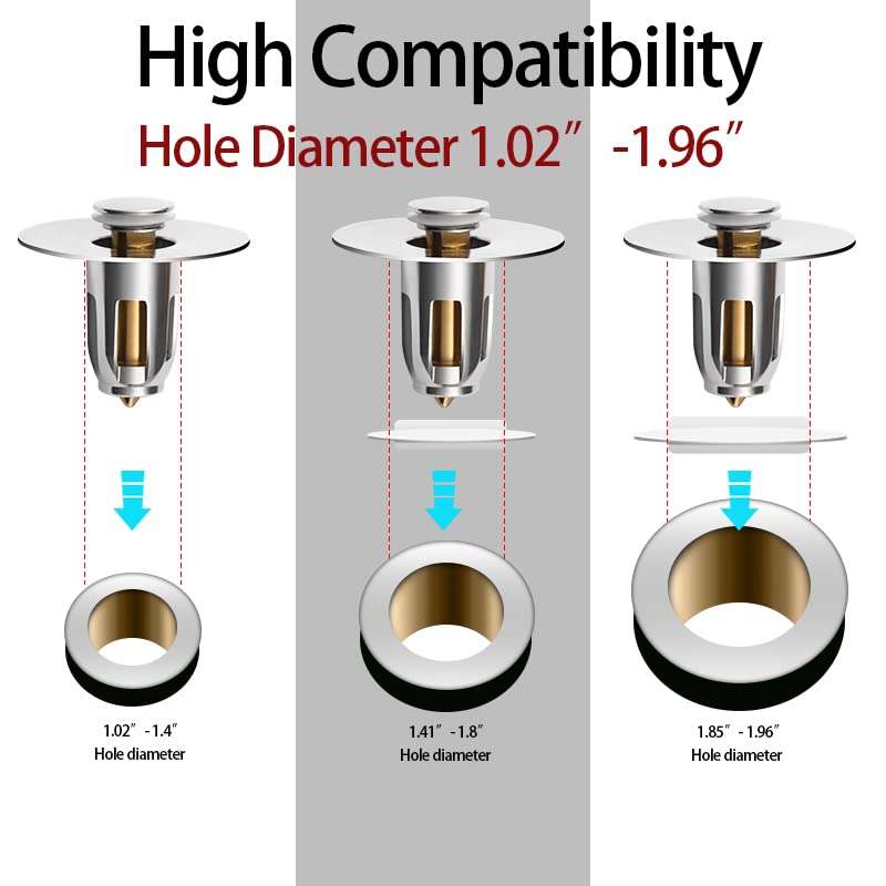 Westablize 2 Pack Universal Silver Bathroom Pop Up Sink Stopper with Basket, Sink Drain Plug for 1.02"-1.96" Drain Holes, Brass and Stainless Steel Sink Drain Stopper