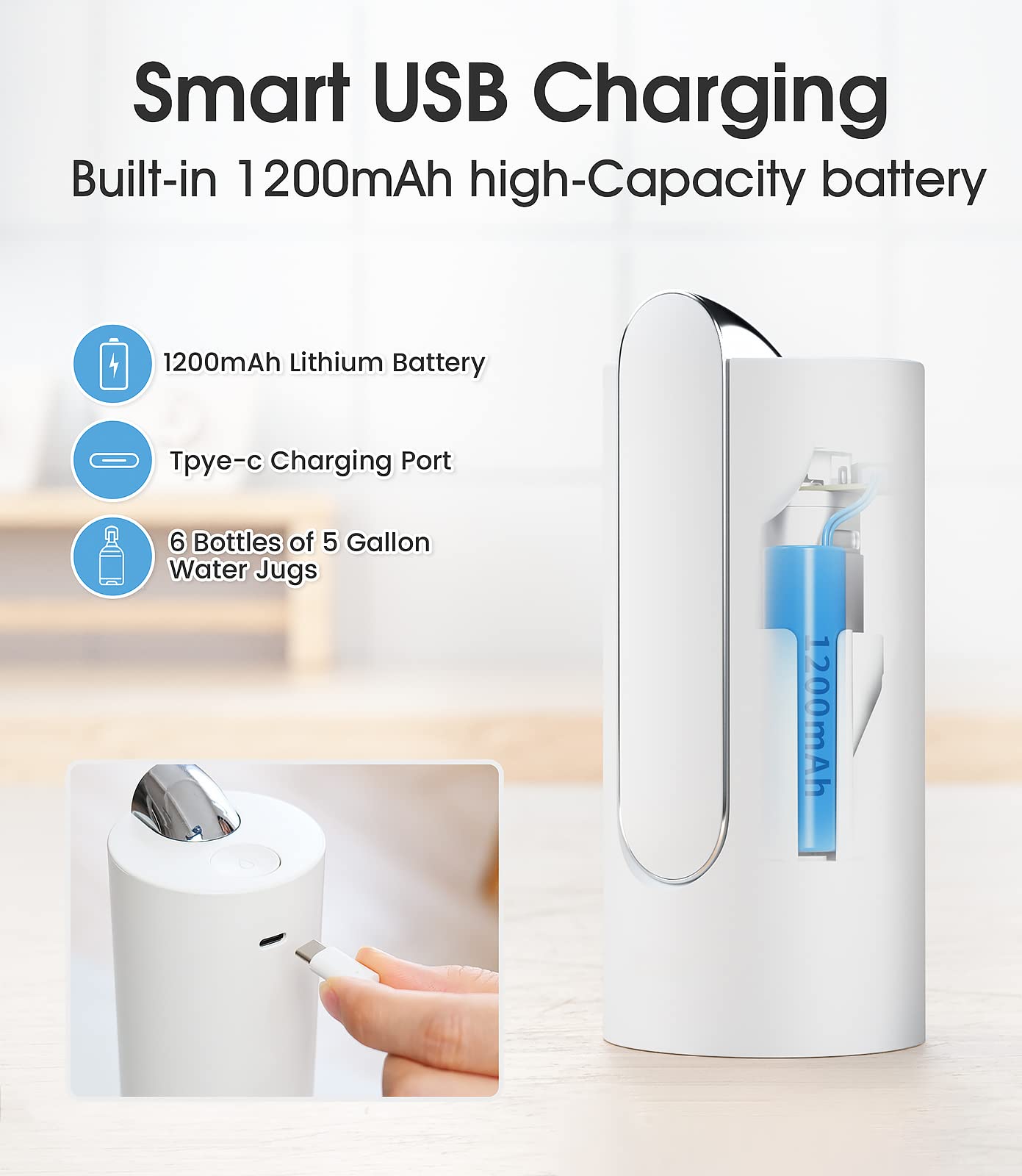 Portable Water Dispenser, 5 Gallon Water Bottle Pump,USB Charging Automatic Drinking Water Pump with Foldable Water Outlet,Portable Water Jug Switch for Home Kitchen Office Camping