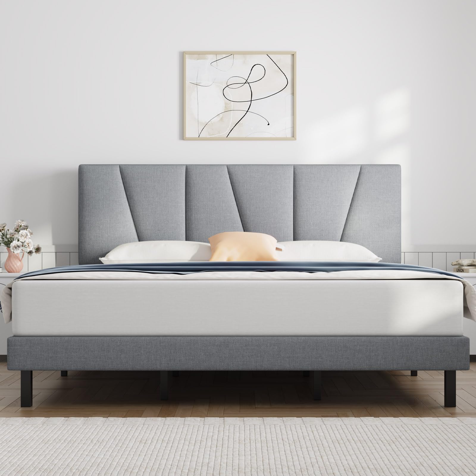 Molblly King Bed Frame Upholstered Platform with Headboard and Strong Wooden Slats, Strong Weight Capacity, Non-Slip and Noiseless,No Box Spring Needed, Easy Assembly,Light Grey