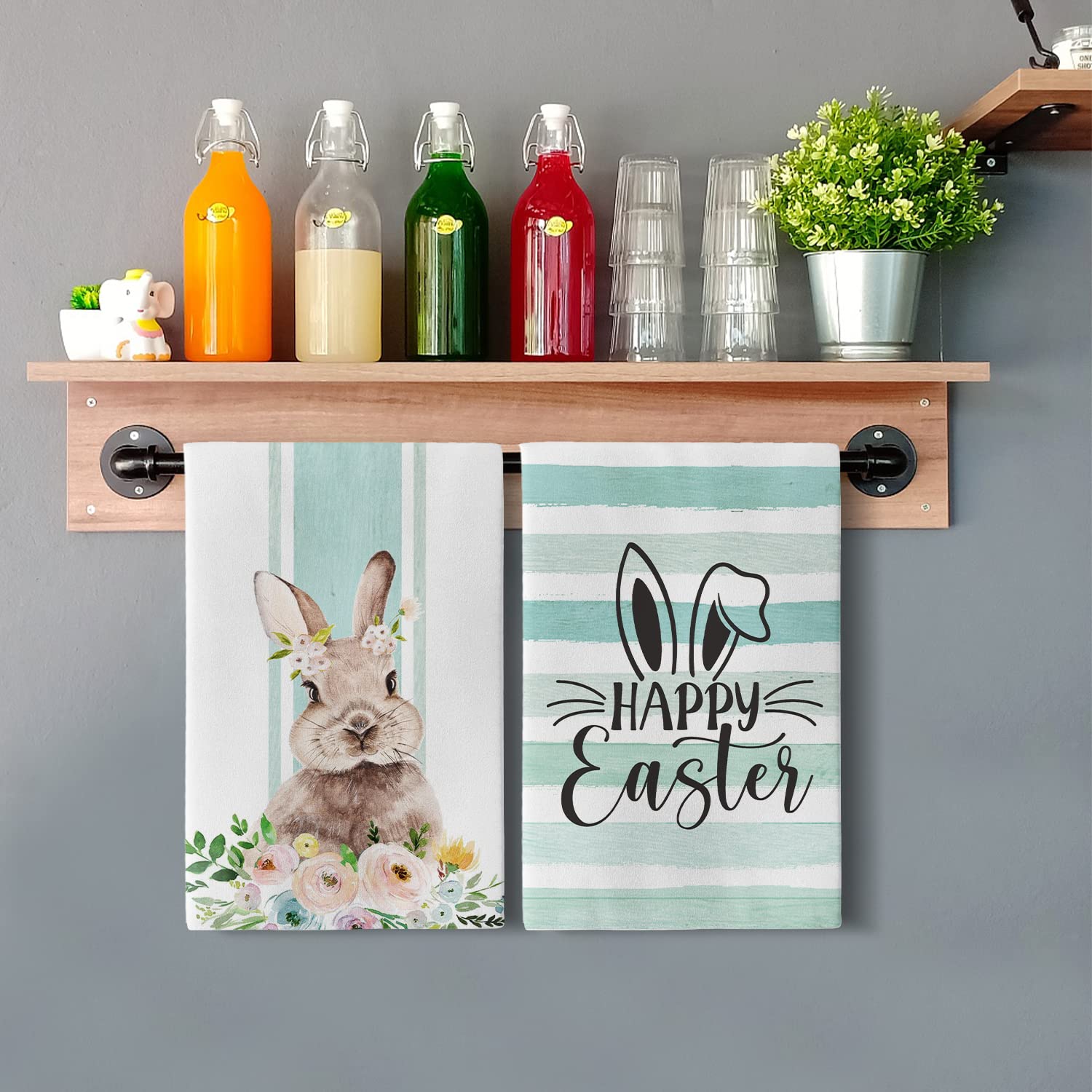 Siilues Easter Kitchen Towels 95g/Count Microfiber 18 x 26 Inch, Bunny Easter Kitchen Decorations Anniversaries Decor Ultra Absorbent for Drying Dishes Cooking Baking Set of 2