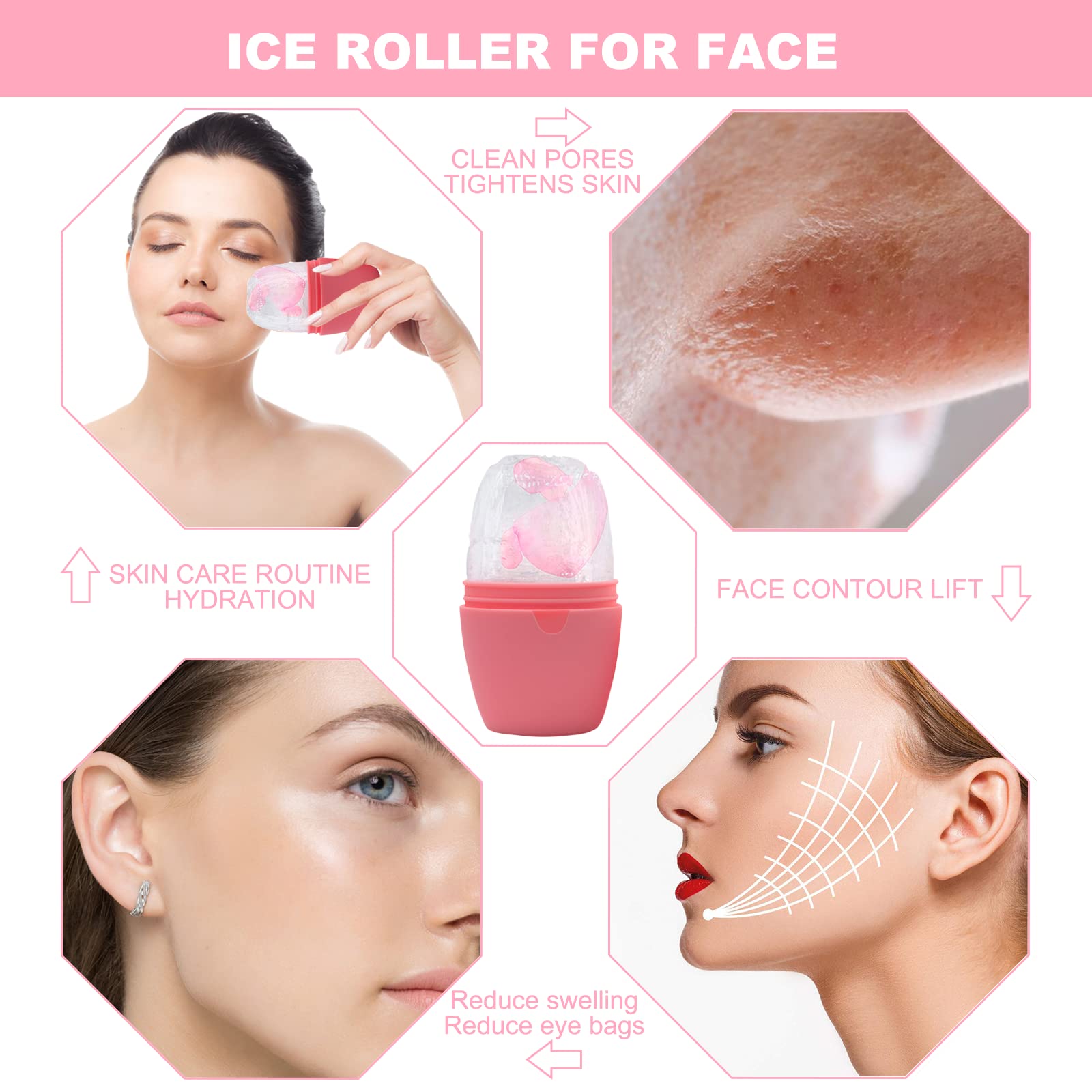 WETANG Ice Face Roller, Brighten Skin, Reusable Ice Mold for Face, Ice for Face to Tighten Skin, Silicone Ice Holder for Face, Icing Skincare Gift for Women (Pink)