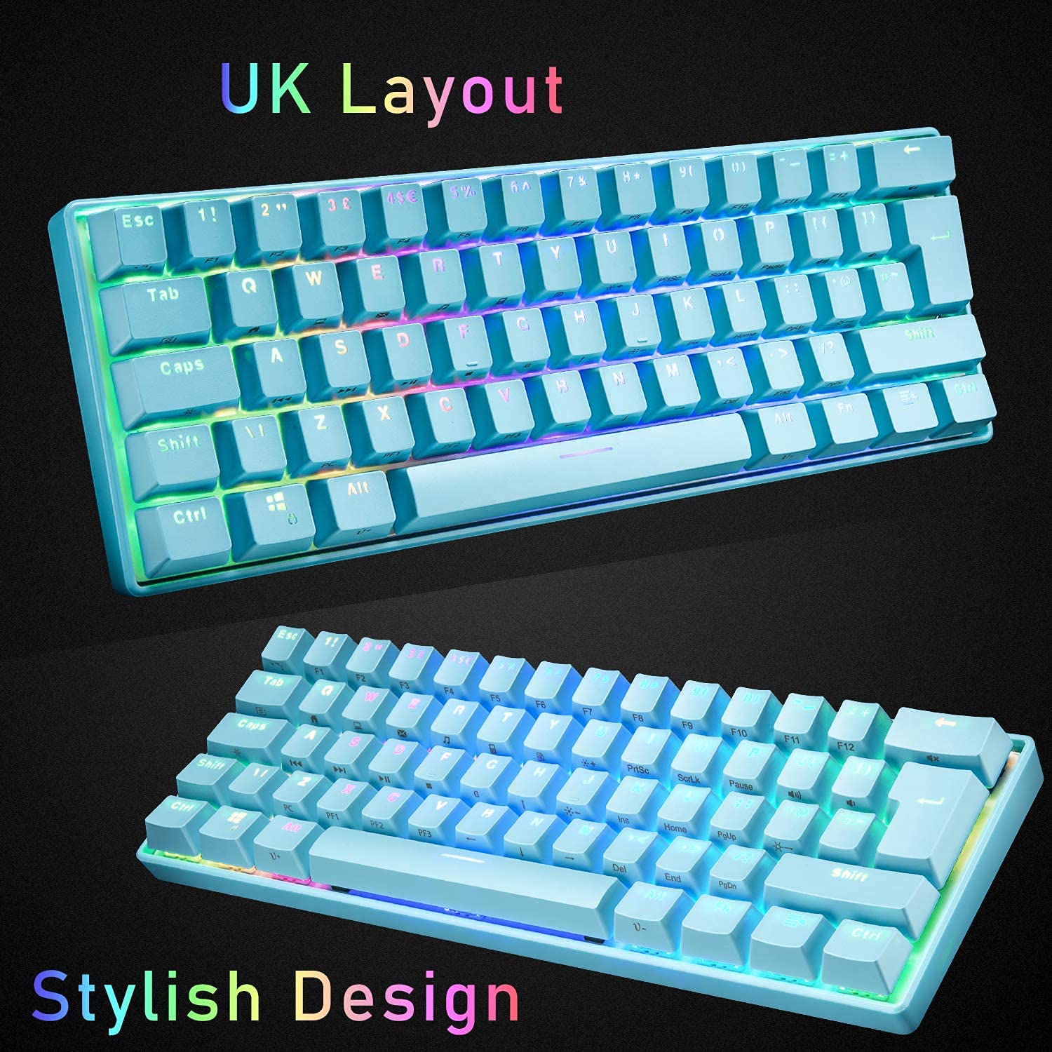 unband UK Layout 60% True Mechanical Gaming Keyboard Type C Wired 61 Keys LED Backlit USB Waterproof Keyboard 14 Chroma RGB Backlight Full Anti-ghosting Keys for Computer/PC/Laptop/MAC (Blue/Blue Swit