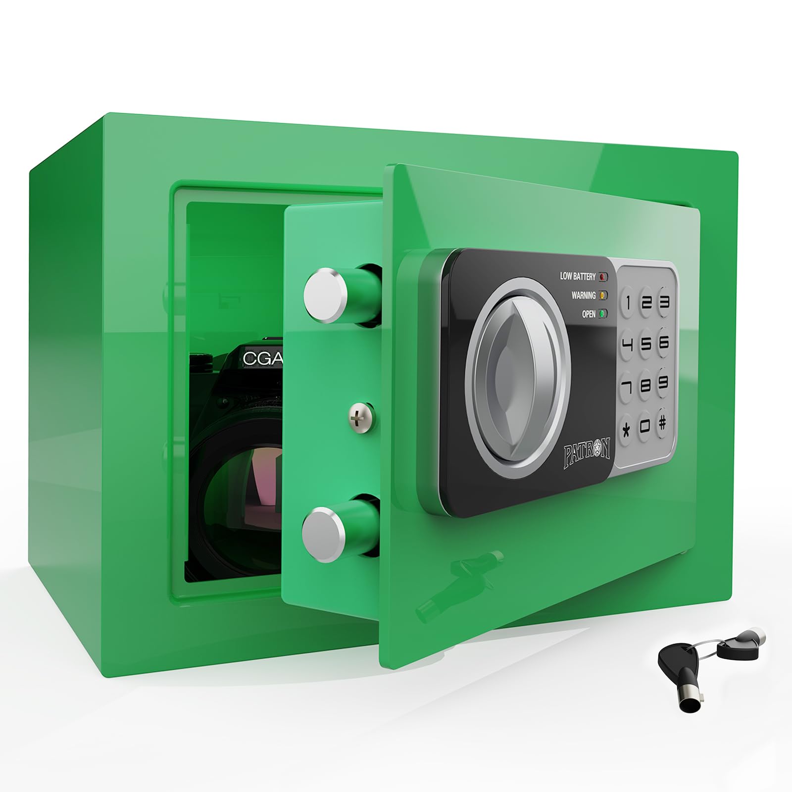PATRON small safe box with key,mini safe for money,small coin safes for home with code,little jewelry lock box for kids,Wall or Cabinet Safe for personal items,0.236 Cubic Feet Green