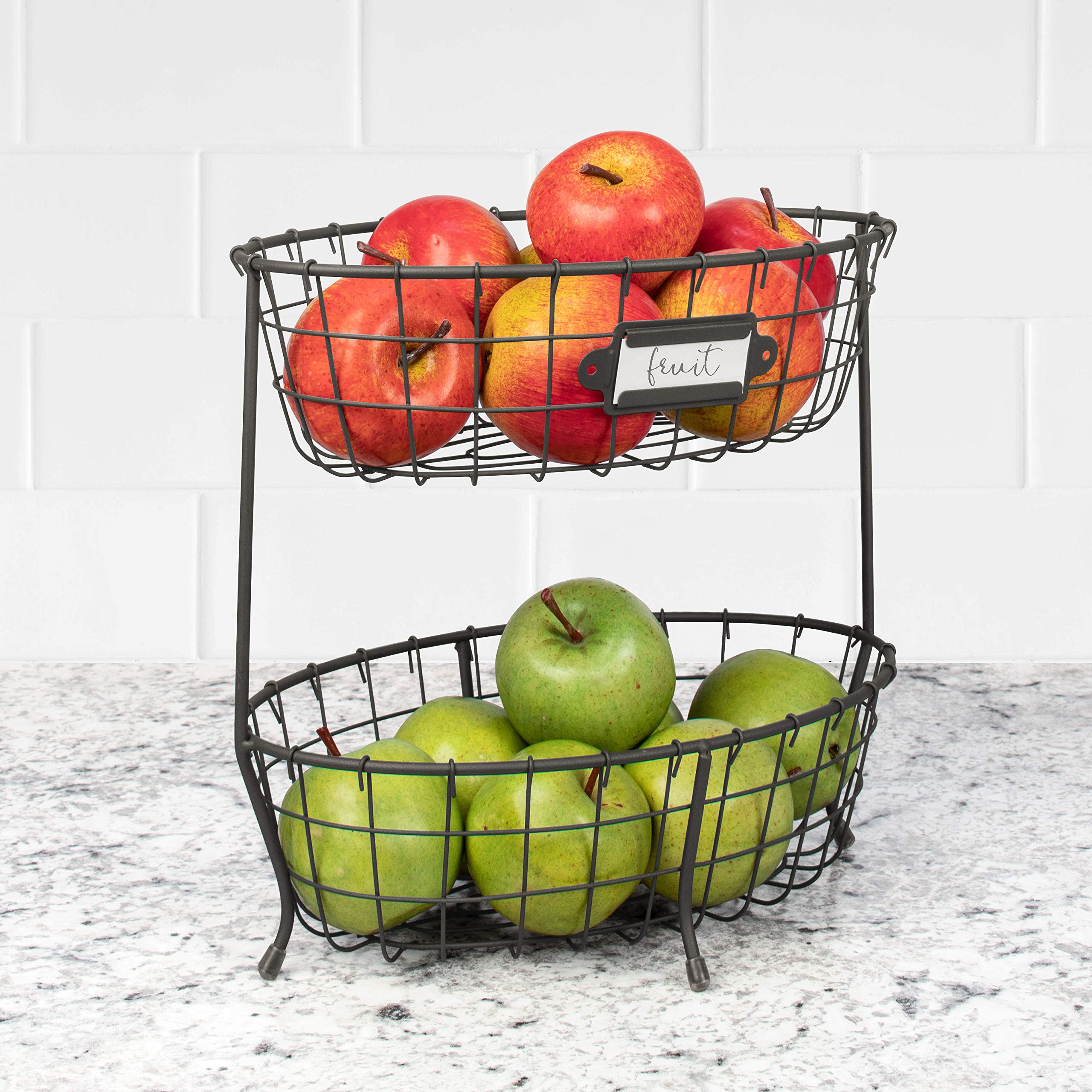 Spectrum Diversified Vintage Living Oval Server Stacked, 2-Tier Bowls, Dining Table & Kitchen Counter Organizer, Modern Fruit Basket Stand, Industrial Gray (A19676)