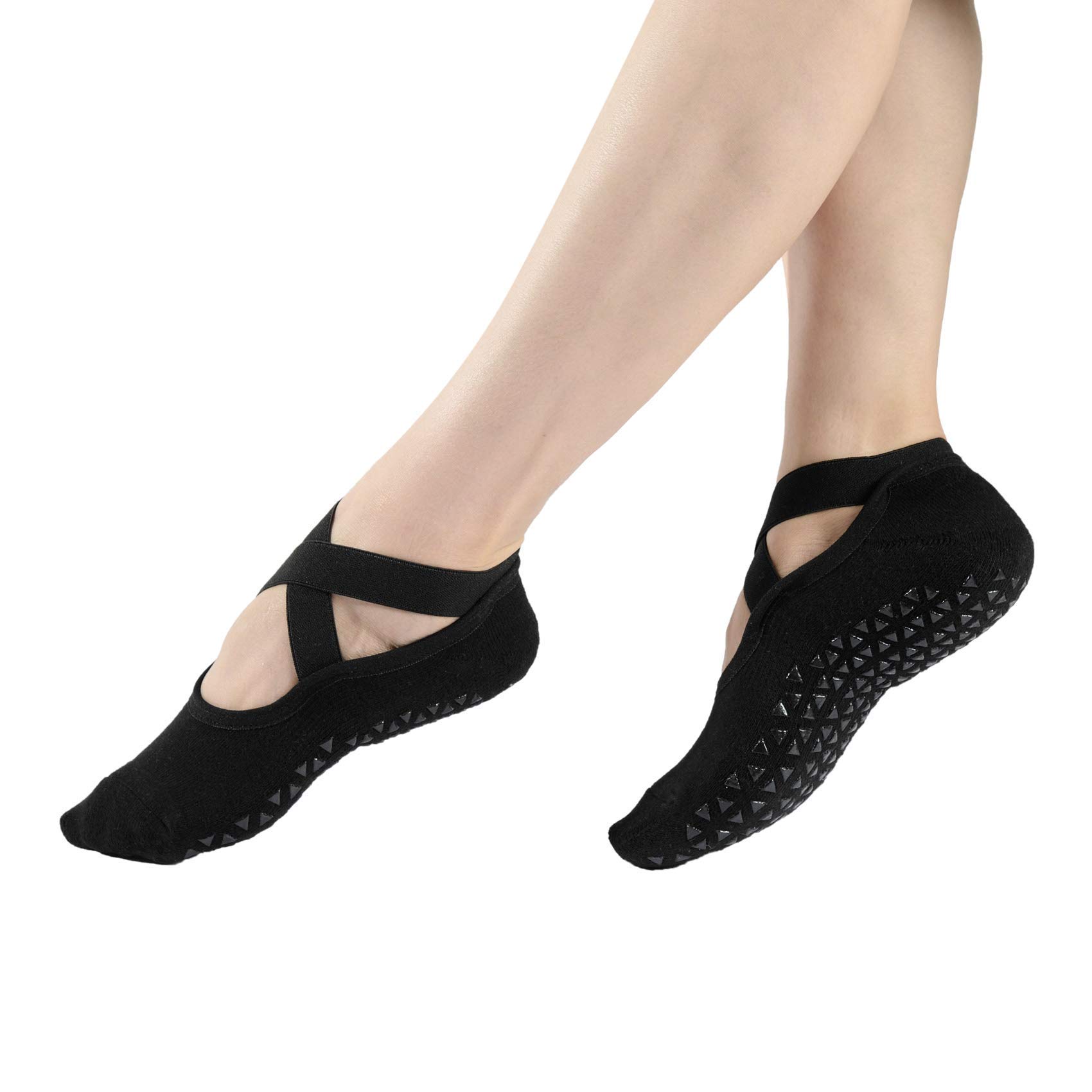 Pauboland Women's 6-Pack Black Padded Cushion Non-Slip Piyo Barre Pilate Ballet Yoga Socks with Grips, Size 4-9