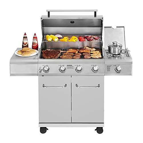 Monument Grills Larger 4-Burner Propane Gas Grill Stainless Steel Heavy-Duty Cabinet Style with LED Controls & Side Burner