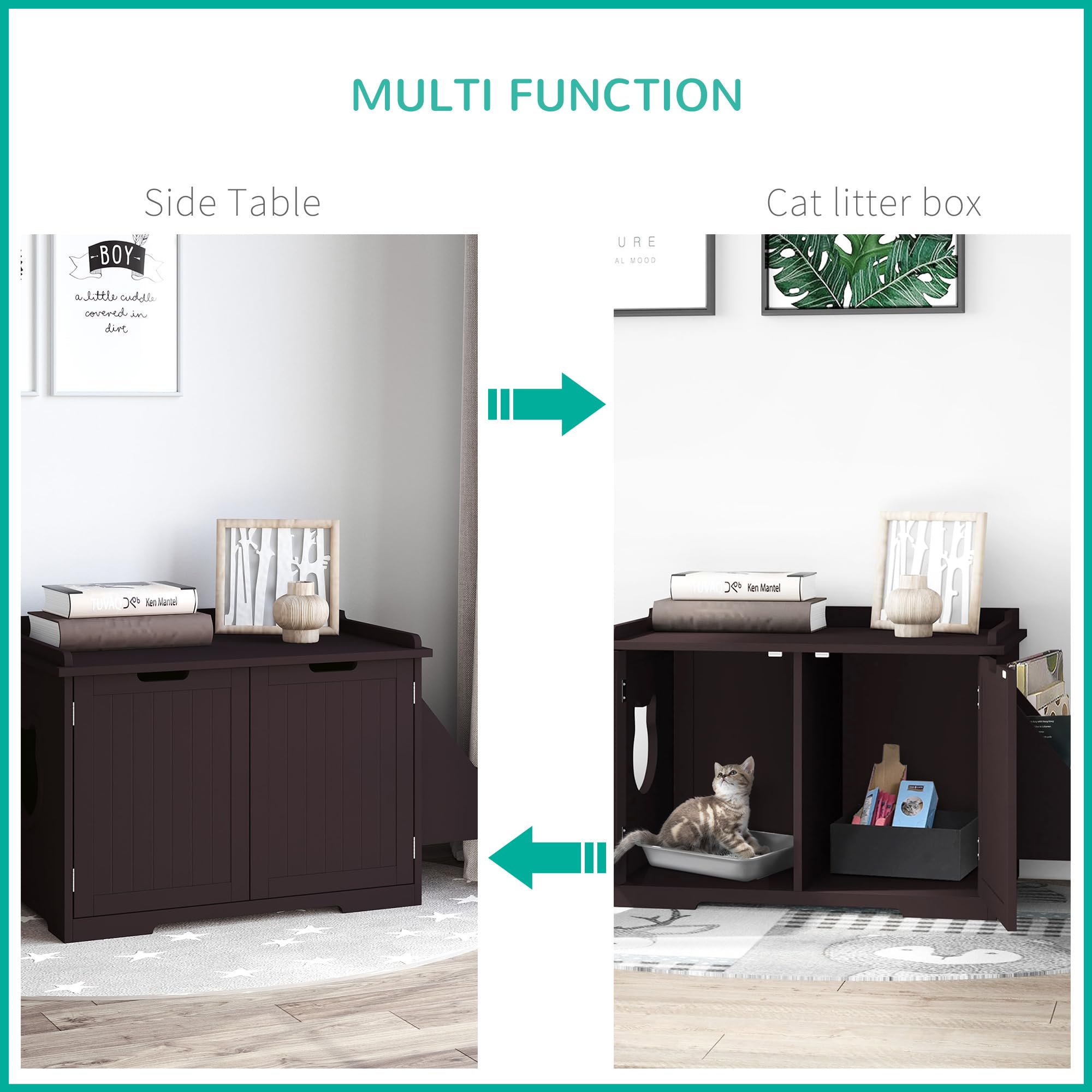 PawHut Wooden Cat Litter Box Enclosure, Hidden Cat Washroom, Kitten House with Nightstand End Table and Storage Rack Magnetic Doors, Brown