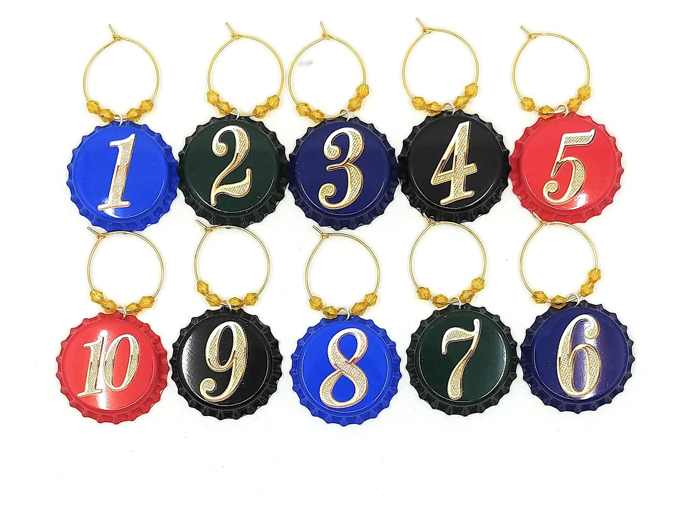 Number Wine Glass Charms 1-10, Glass Tag Identifiers Numbered 1 through 10, Bottle Cap Wine Charms - 10 Wine Charms per pack