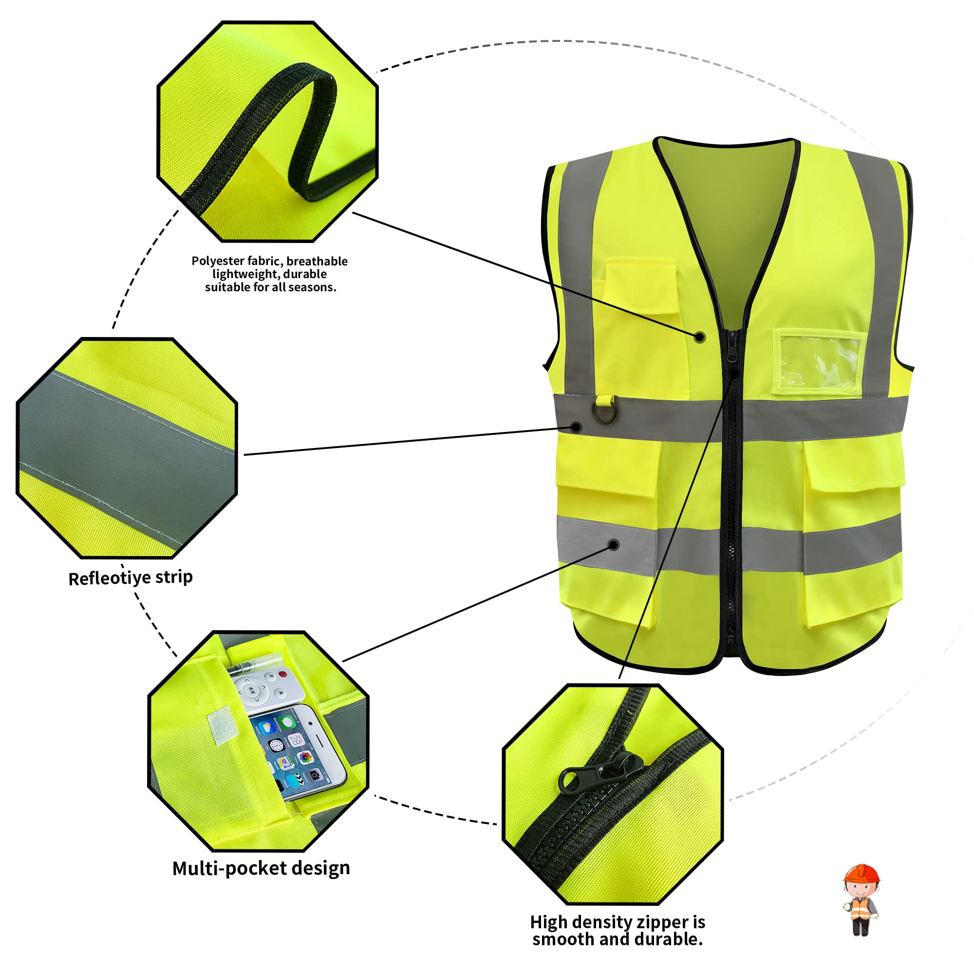 YAFOWUK Reflective Safety Vest Neon Construction Vest Hi-Vis 7 Pockets Zipper Front, Meets ANSI/ISEA Standards for Men Women Yellow L